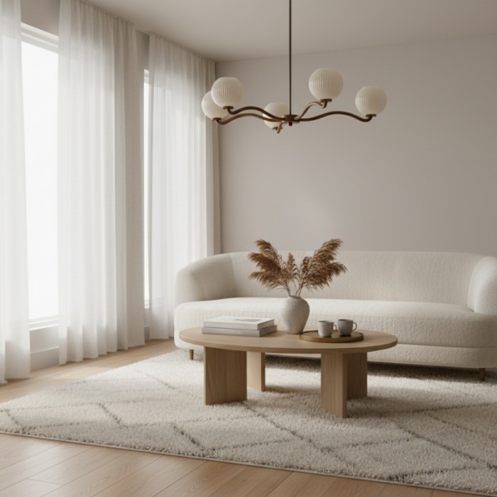 Shella Contemporary Five‑Globe Chandelier - Wood Metal Glass Pendant ...