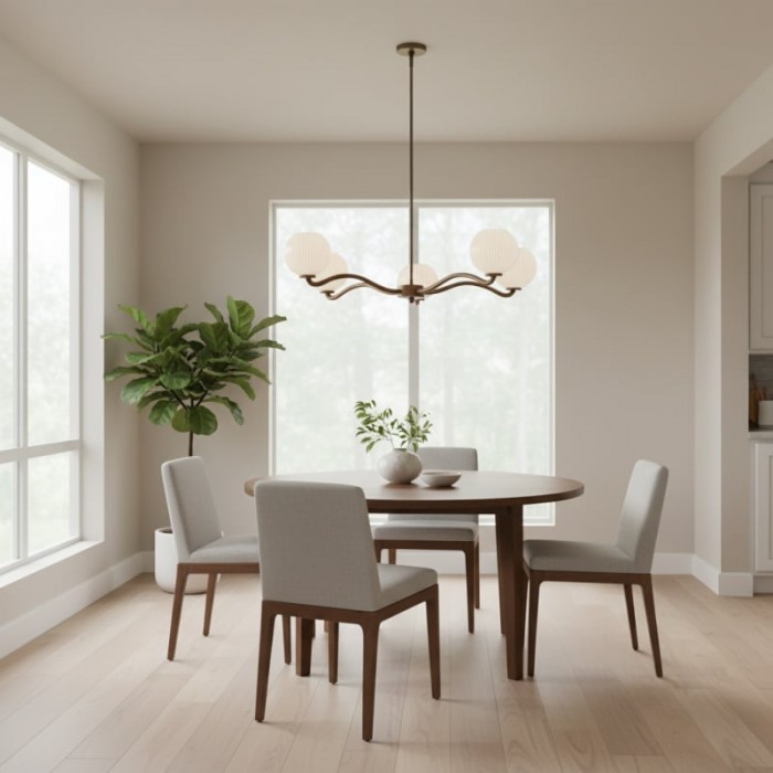 Shella Contemporary Five‑Globe Chandelier - Wood Metal Glass Pendant ...