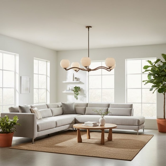 Shella Contemporary Five‑Globe Chandelier - Wood Metal Glass Pendant ...